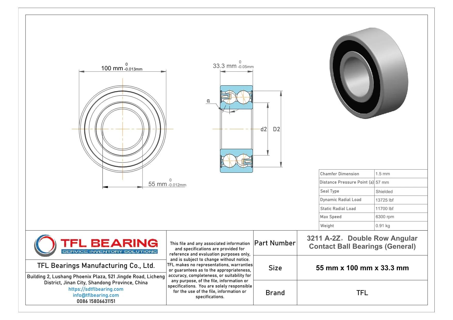Double Row Angular Contact Ball Bearings (General) 3211 A-2Z - TFL