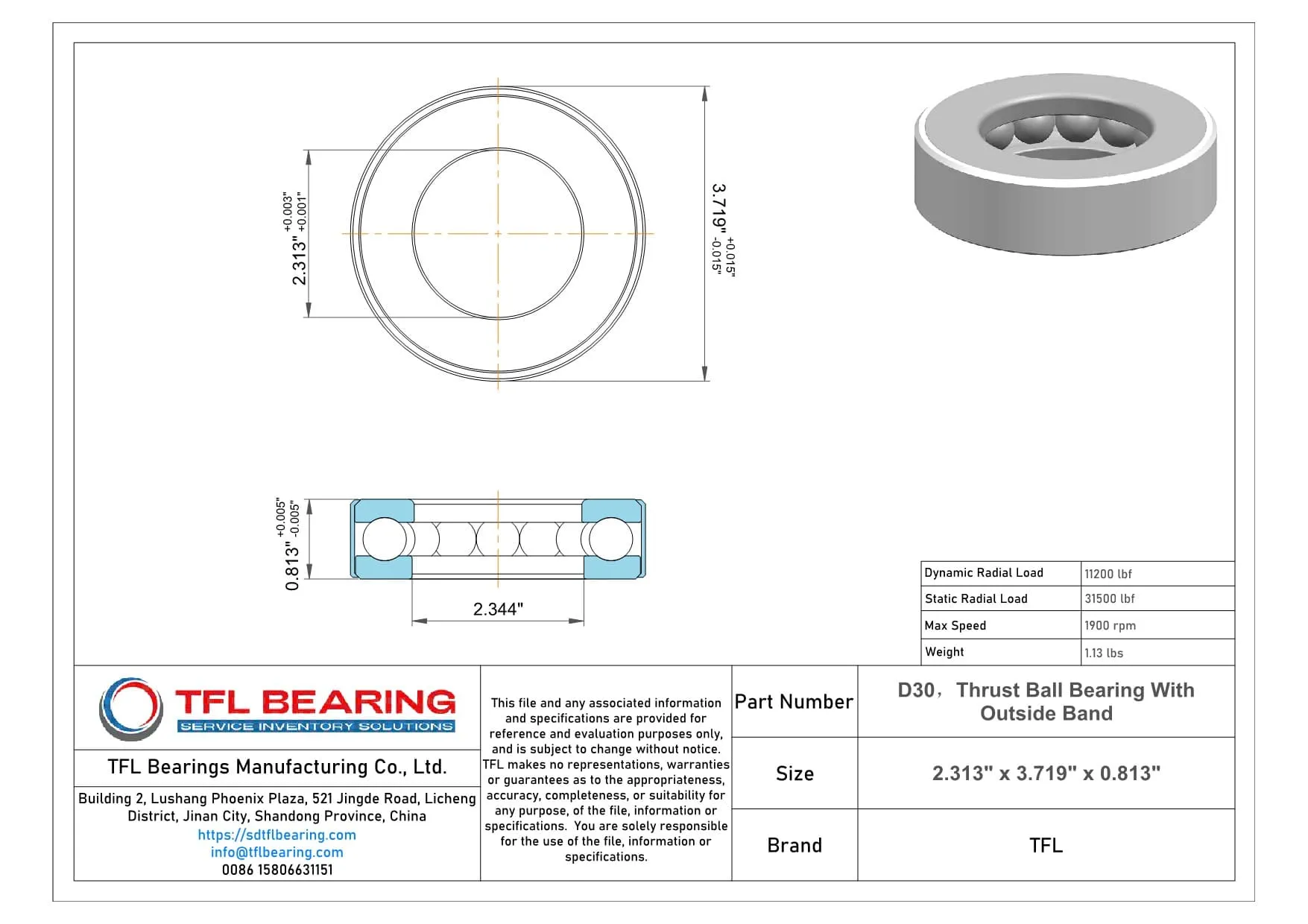 Thrust Ball Bearing With Outside Band D30 - TFL