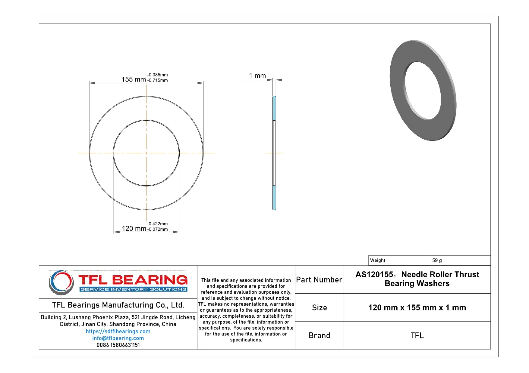Needle Roller Thrust Bearing Washers AS120155 - TFL